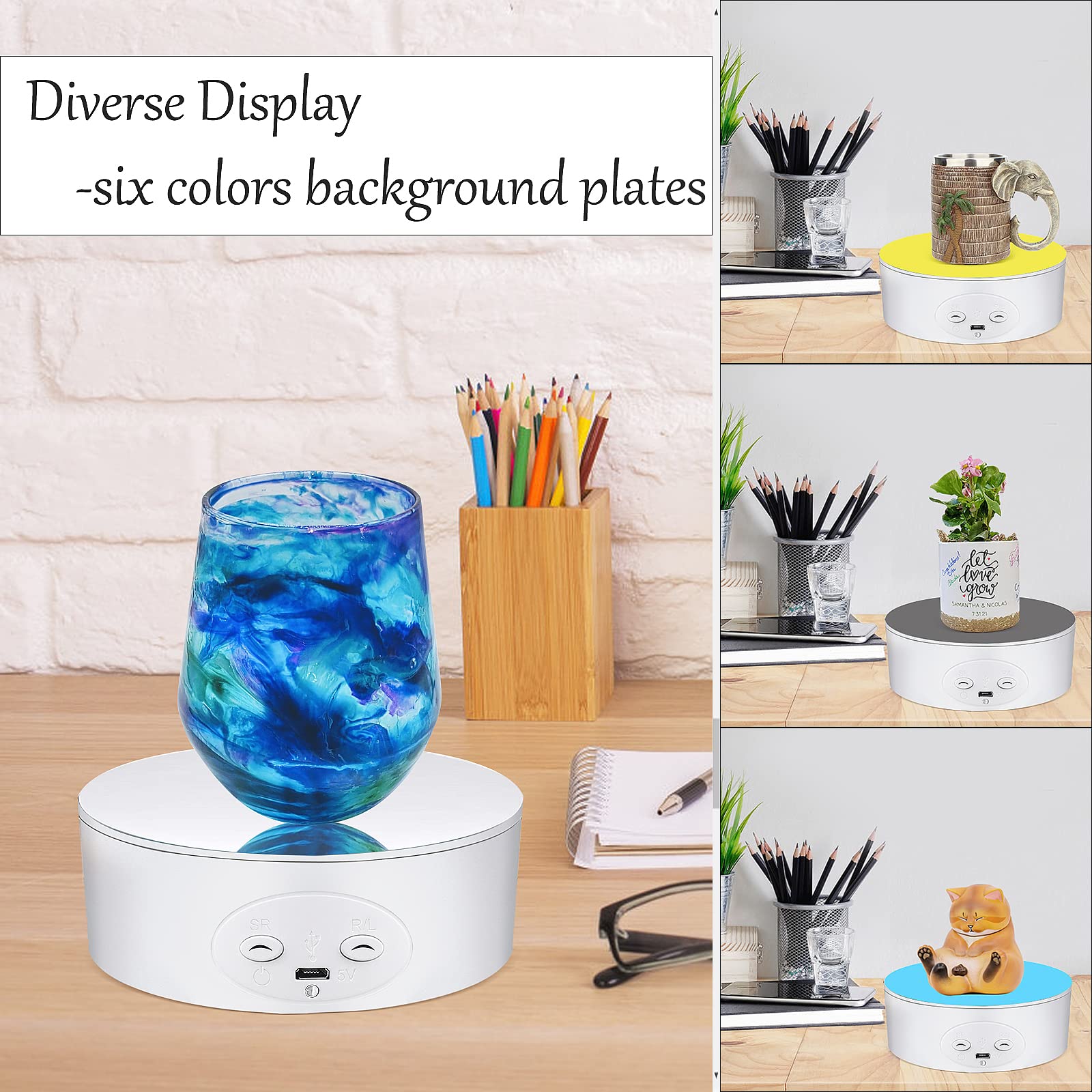 Riomh Cup Turner Rotating Display Stand for Tumblers, 360 Degree Automatic Mute Spin Turntable for Photography Display, Shooting Videos, Figures and Collections (White)