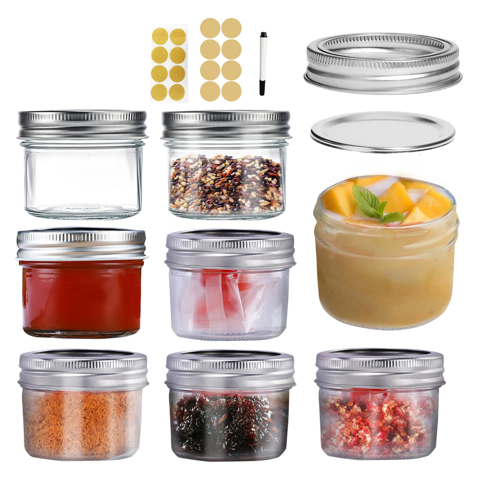 ZALSSKE Small Mason Jars, 8 Pack 4oz Glass Jars with Lids,Mini Mason Jars Removable Split Lid, Mini Canning Jars for Jelly Herbs Spice Honey Storage, Small Glass Jars Candle jars,