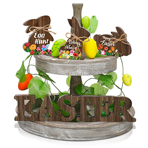 4 Pcs Easter Table Decorations Easter Bunny Signs Wooden Bunny Decor Easter Word Sign Rustic Farmhouse Rabbit Tiered Tray Decor Spring Sign for Home Party Decoration (Flower Bunny Style)
