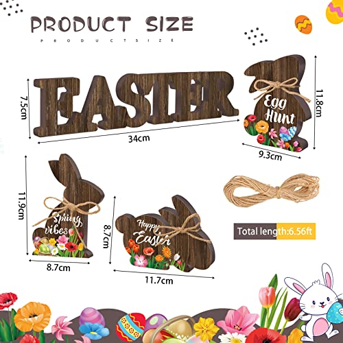 4 Pcs Easter Table Decorations Easter Bunny Signs Wooden Bunny Decor Easter Word Sign Rustic Farmhouse Rabbit Tiered Tray Decor Spring Sign for Home Party Decoration (Flower Bunny Style)