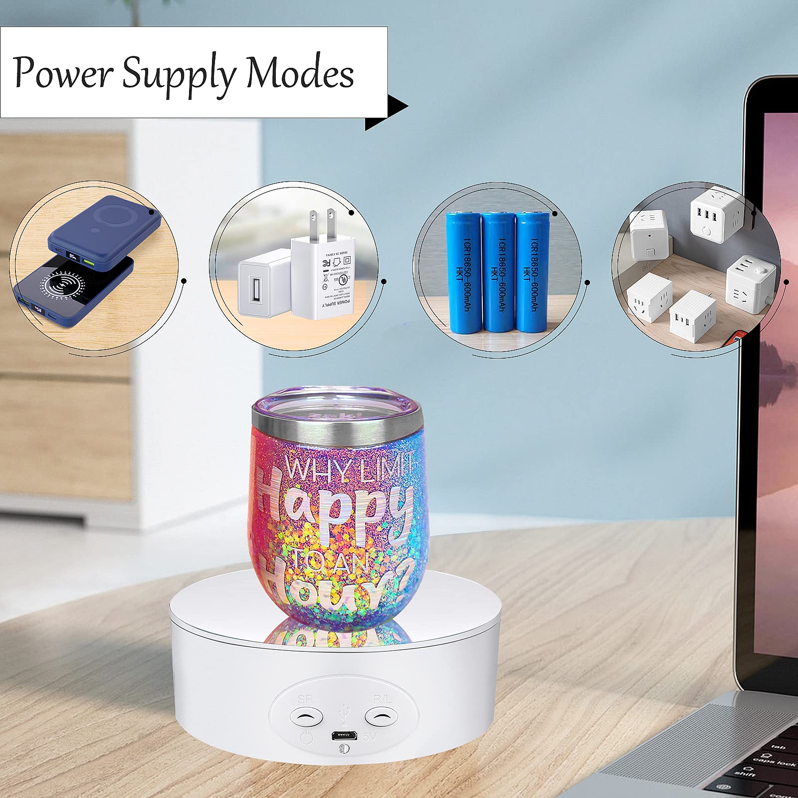 Riomh Cup Turner Rotating Display Stand for Tumblers, 360 Degree Automatic Mute Spin Turntable for Photography Display, Shooting Videos, Figures and Collections (White)