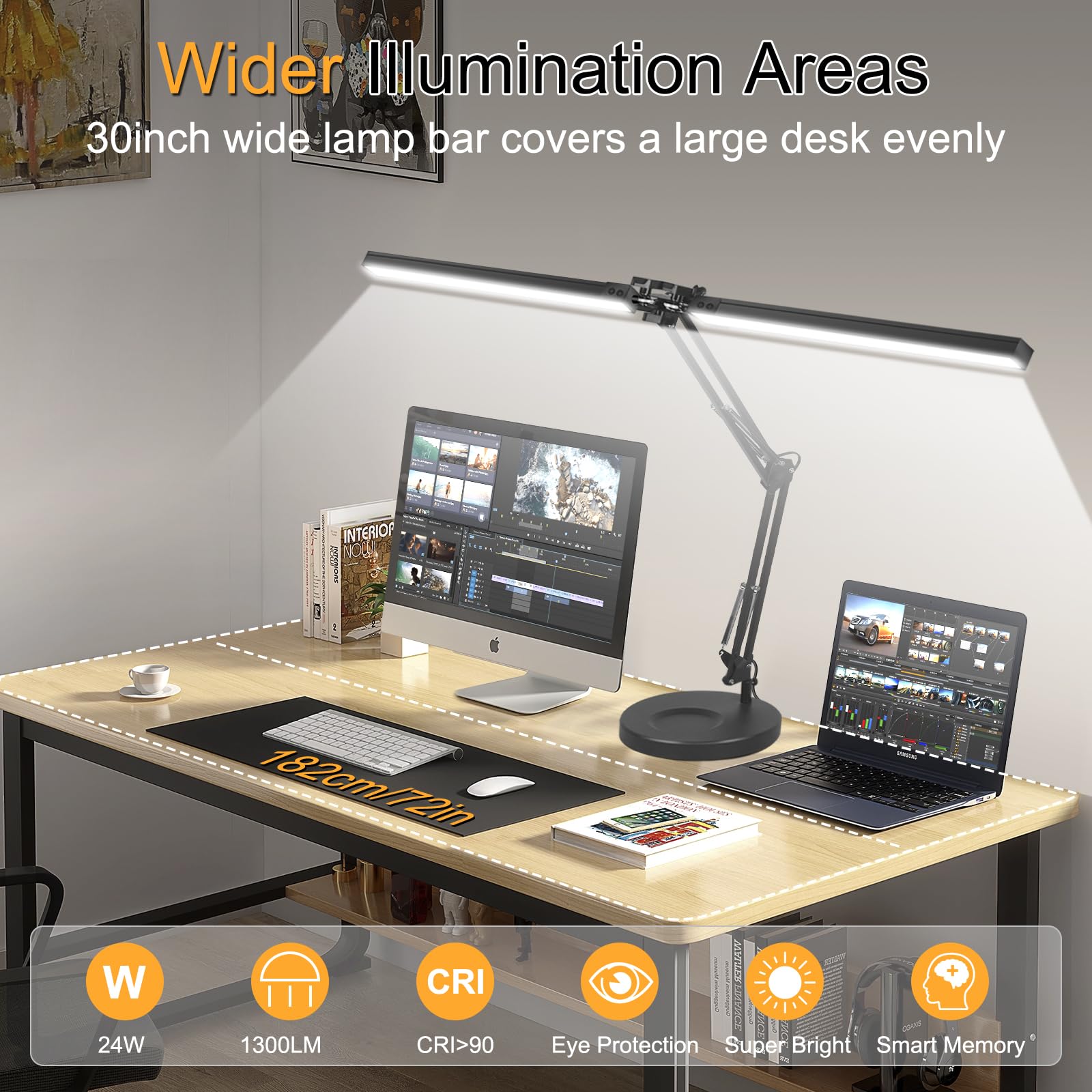 2-in-1 LED Desk Lamp, 24W Brightestwith Table Lamp with Clamp, Desk Light with Flexible Swing Arm,3 Color Modes Stepless Dimmable Double Head Architect Desk Lamps for Home Office Workbench Reading