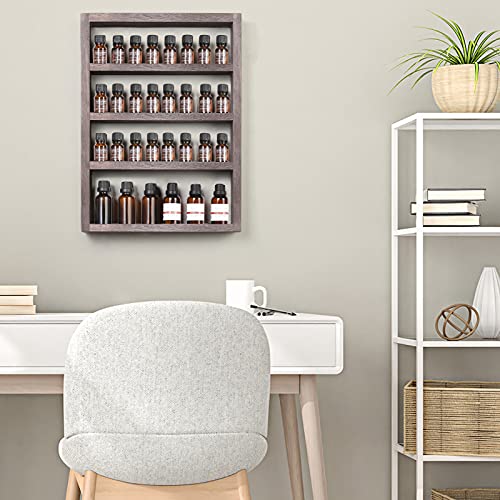 ETELI Essential Oil Storage Rack 4 Tier Wall Mounted Wooden Display Shelf Holder Nail Polish Organizer with Groove Inside for Bedroom Bathroom Powder Room, Rustic Brown
