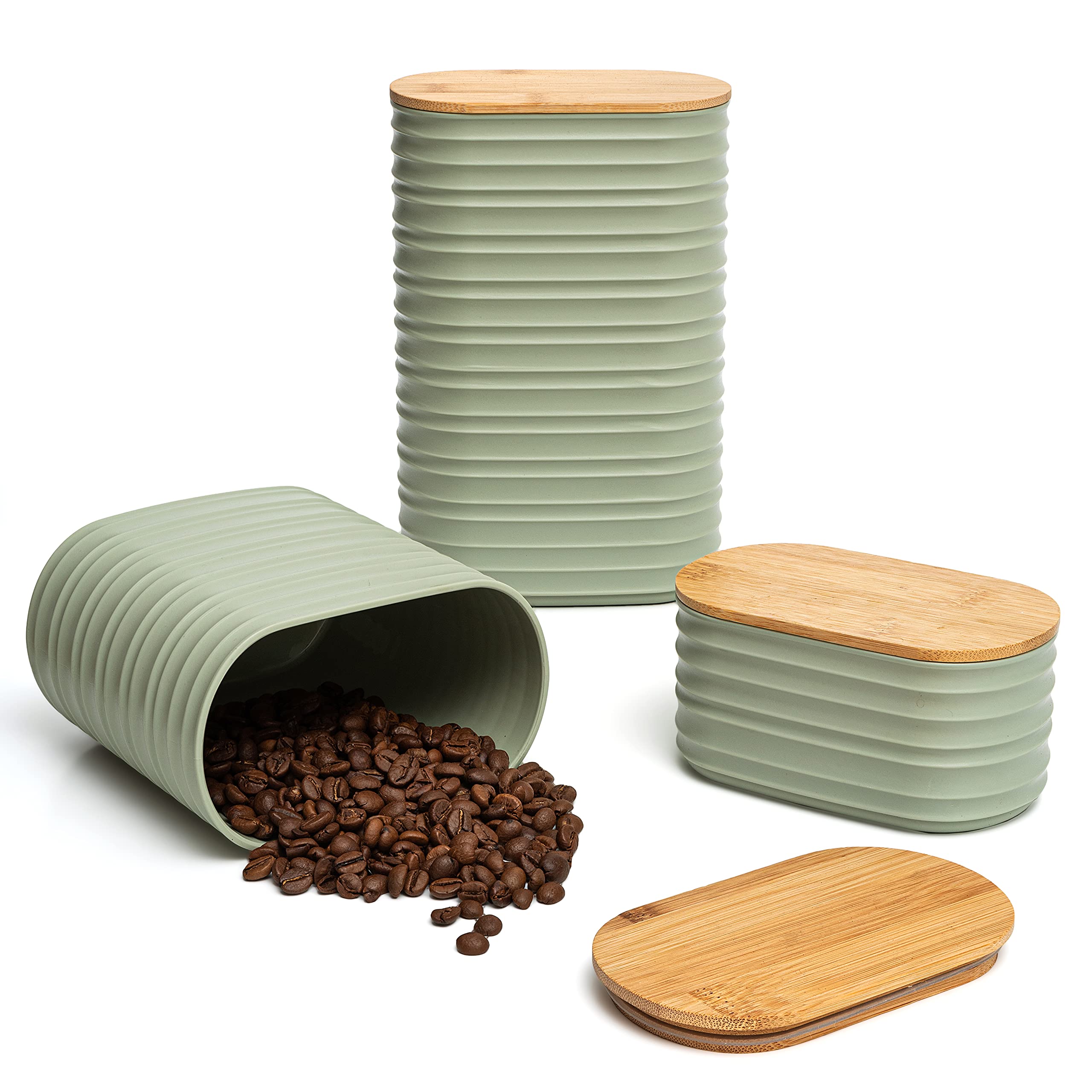 Mixpresso 3 Piece Set Of Airtight Plastic Canister With Bamboo Lid, Canisters For Kitchen Counter, Coffee And Sugar Canister Set, Decorative Sugar Container, Kitchen Decor For Counter