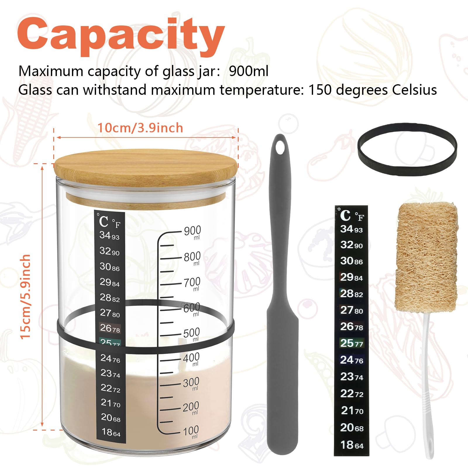 Sourdough Starter Jar Kit with Wooden Lid, 900ml/30.4oz Sourdough Starter Container, Clear Glass Sourdough Starter Cup Wide Mouth Sourdough Jar Kit with Spatula Rubber Band Loofah for Breads Baking