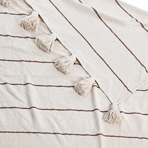 Main + Mesa Recycled Striped Cotton Throw Blanket with Tassels, Brown and Natural, One Size