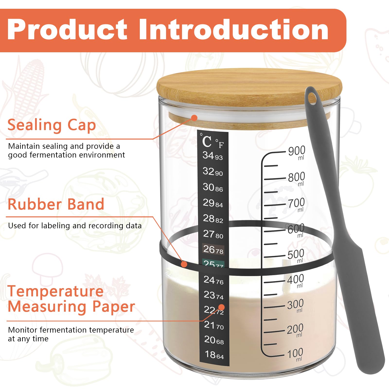 Sourdough Starter Jar Kit with Wooden Lid, 900ml/30.4oz Sourdough Starter Container, Clear Glass Sourdough Starter Cup Wide Mouth Sourdough Jar Kit with Spatula Rubber Band Loofah for Breads Baking