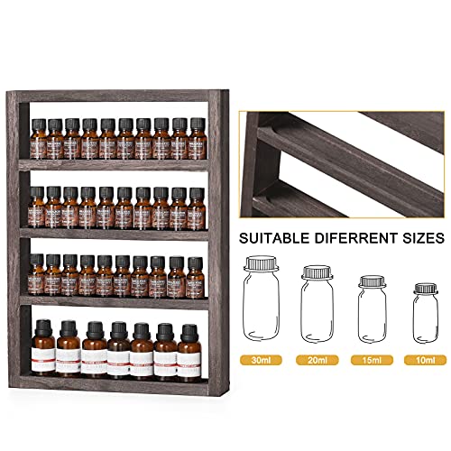 ETELI Essential Oil Storage Rack 4 Tier Wall Mounted Wooden Display Shelf Holder Nail Polish Organizer with Groove Inside for Bedroom Bathroom Powder Room, Rustic Brown