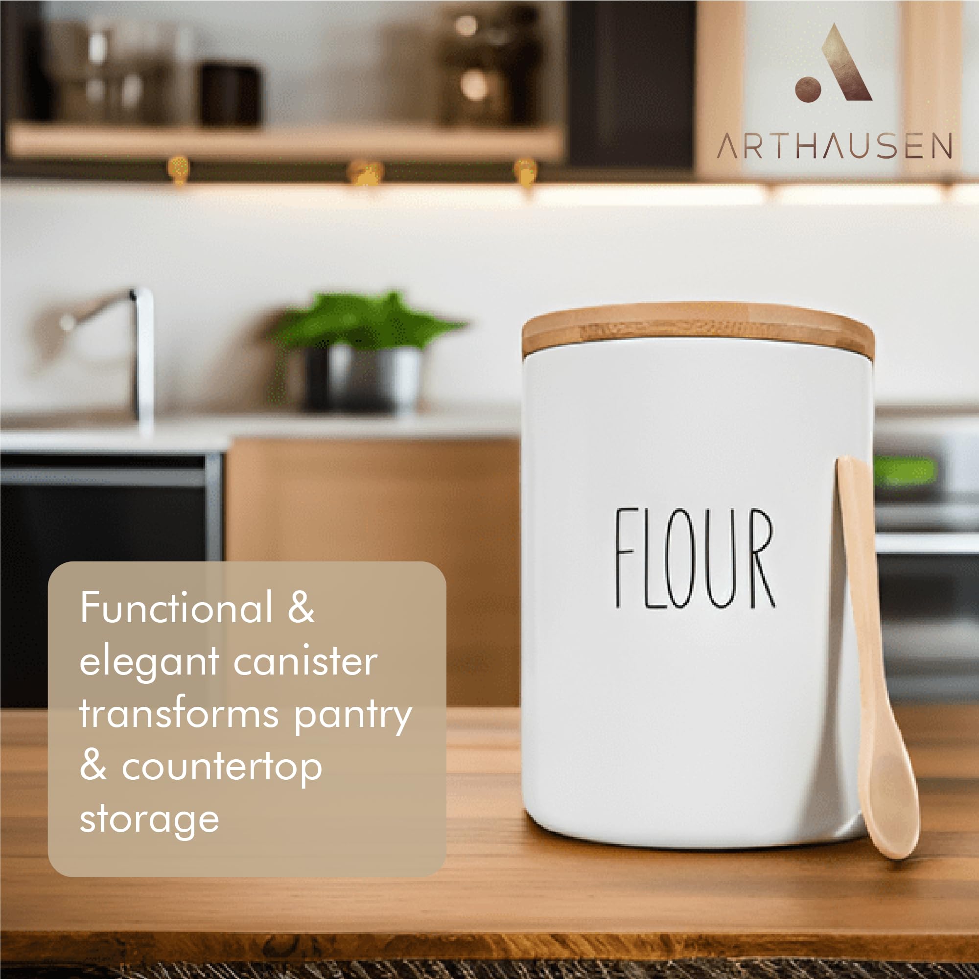 Arthausen White Ceramic Storage Jar Canister for Flour - Airtight Bamboo Lid w/Silicone Seal, Spoon - Modern Abstract Art Design for Kitchen Counter or Bathroom - 4 cup / 1080mL