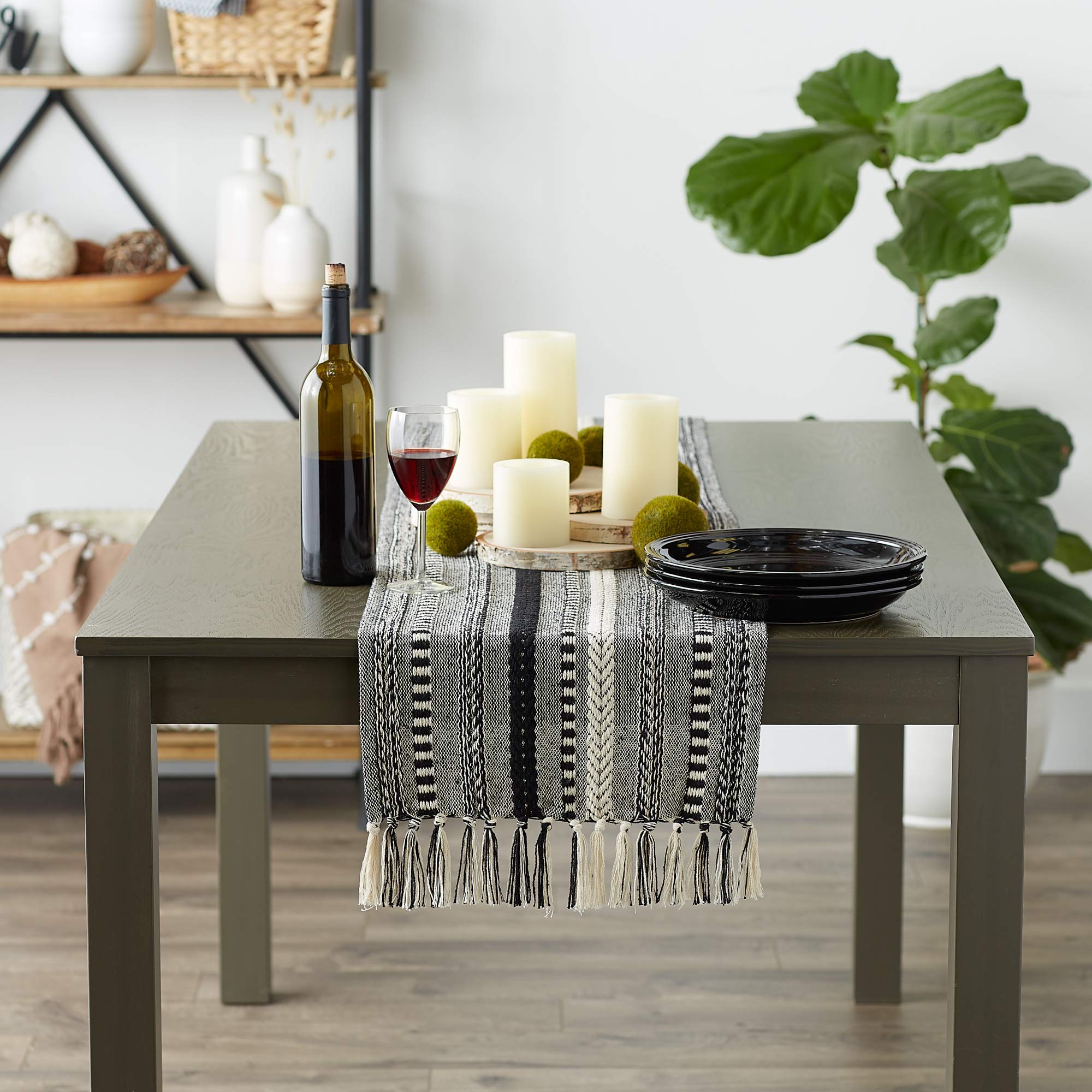 DII Farmhouse Braided Stripe Table Runner Collection, 15x72, Black