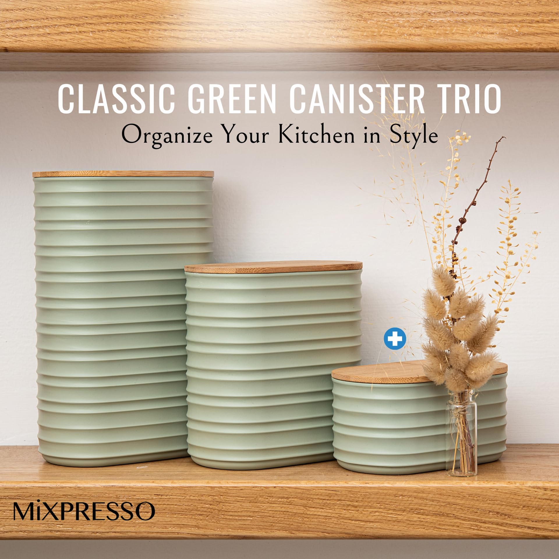 Mixpresso 3 Piece Set Of Airtight Plastic Canister With Bamboo Lid, Canisters For Kitchen Counter, Coffee And Sugar Canister Set, Decorative Sugar Container, Kitchen Decor For Counter