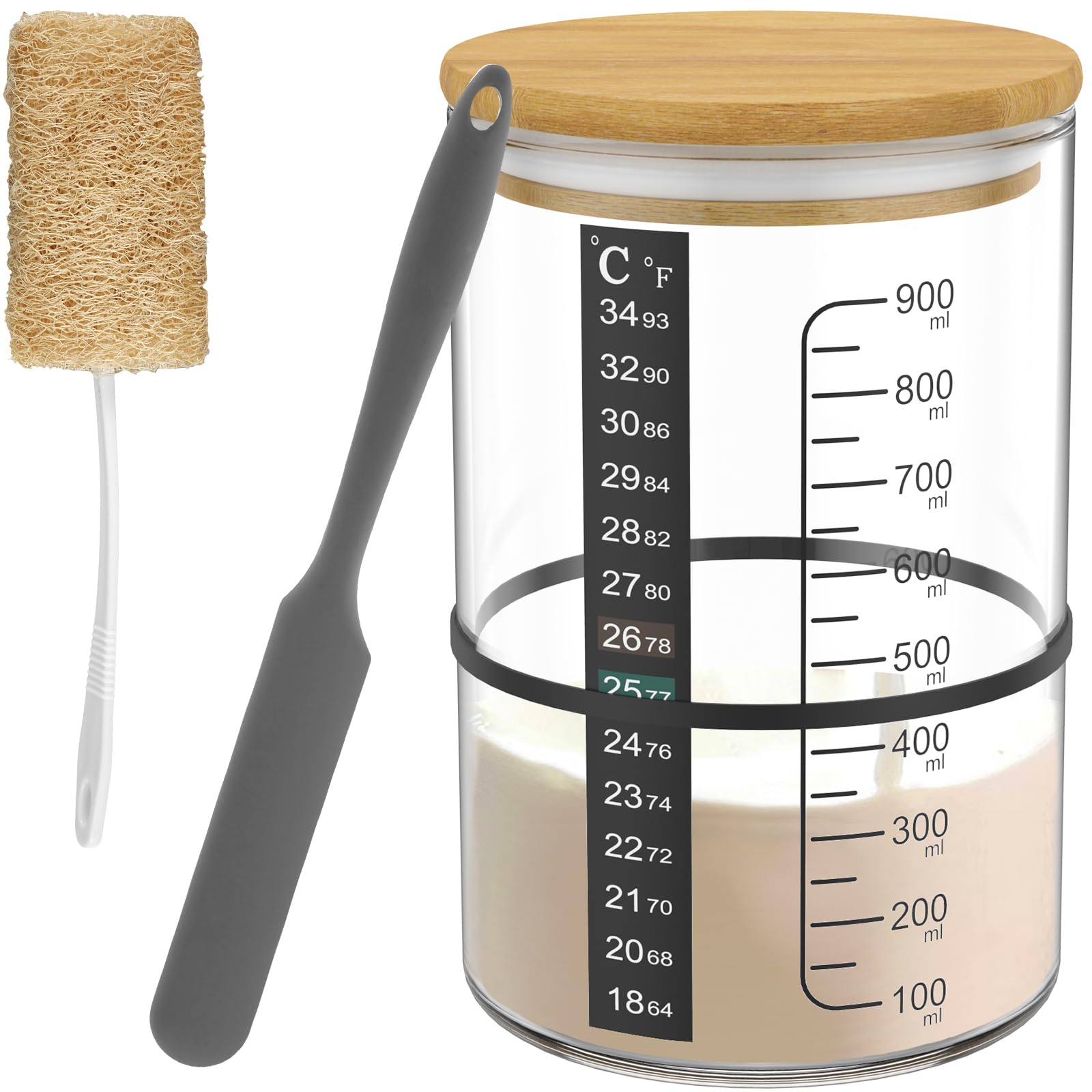 Sourdough Starter Jar Kit with Wooden Lid, 900ml/30.4oz Sourdough Starter Container, Clear Glass Sourdough Starter Cup Wide Mouth Sourdough Jar Kit with Spatula Rubber Band Loofah for Breads Baking