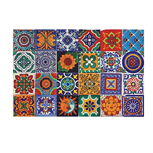 DLBX 24 Pcs Tile Stickers Kitchen Adhesive Tile Transfers Sticker for Bathroom Peel & Stick Self-Adhesive Tile Decals Wall Decor Colorful Retro Style (4 x 4 inch)