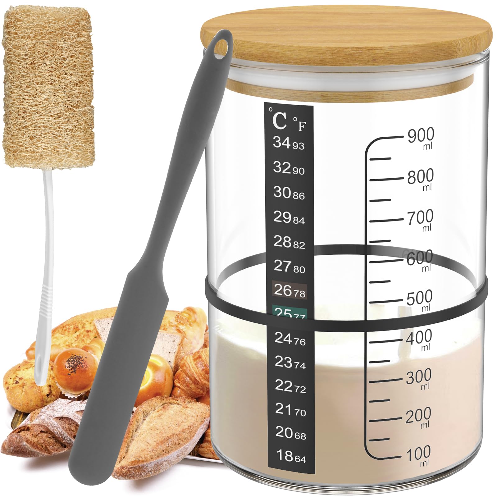 Sourdough Starter Jar Kit with Wooden Lid, 900ml/30.4oz Sourdough Starter Container, Clear Glass Sourdough Starter Cup Wide Mouth Sourdough Jar Kit with Spatula Rubber Band Loofah for Breads Baking