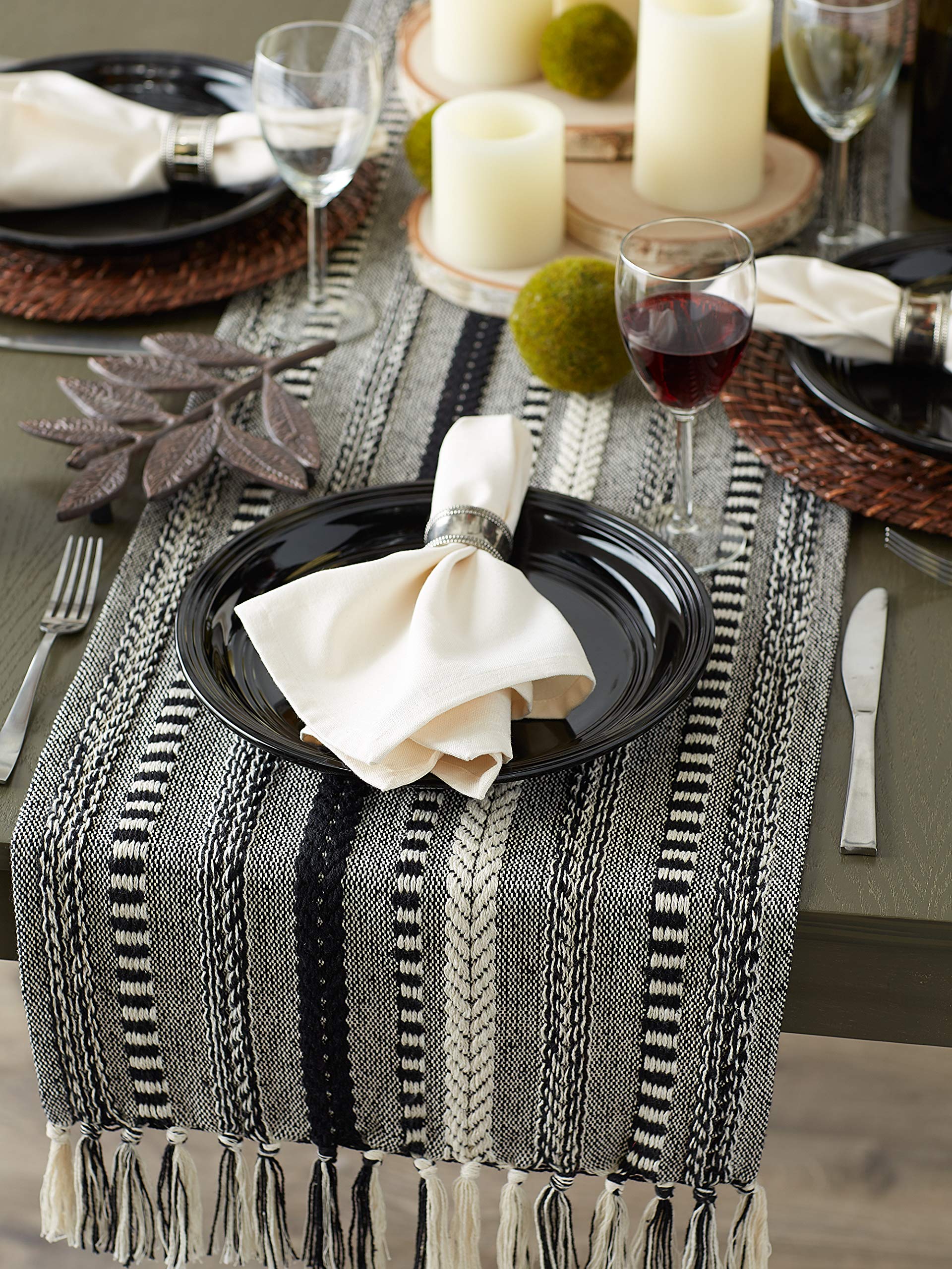 DII Farmhouse Braided Stripe Table Runner Collection, 15x72, Black
