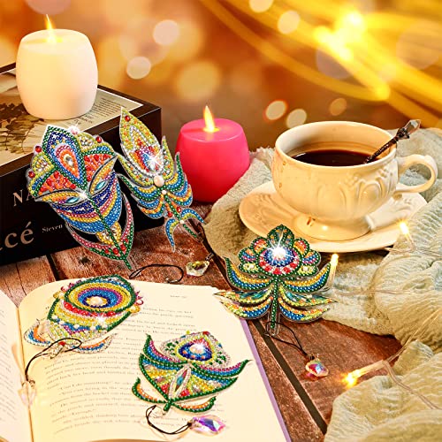 6 Pcs Diamond Painting Bookmarks Kit 5D DIY Feather Rhinestones Bookmark for Kids Adults PVC Art Bookmarks with Crystal Pendant for Crafts School Beginner Office Home, 6 Styles (Exotic)