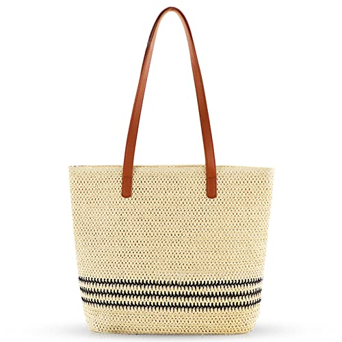 QTKJ Beach Bag for Women, Summer Straw Bag, Hand-woven Tote Bag, Striped Leather Shoulder Strap Rattan Handbag, Large Shoulder Bag Suitable for Vacation Travel Daily (Khaki)