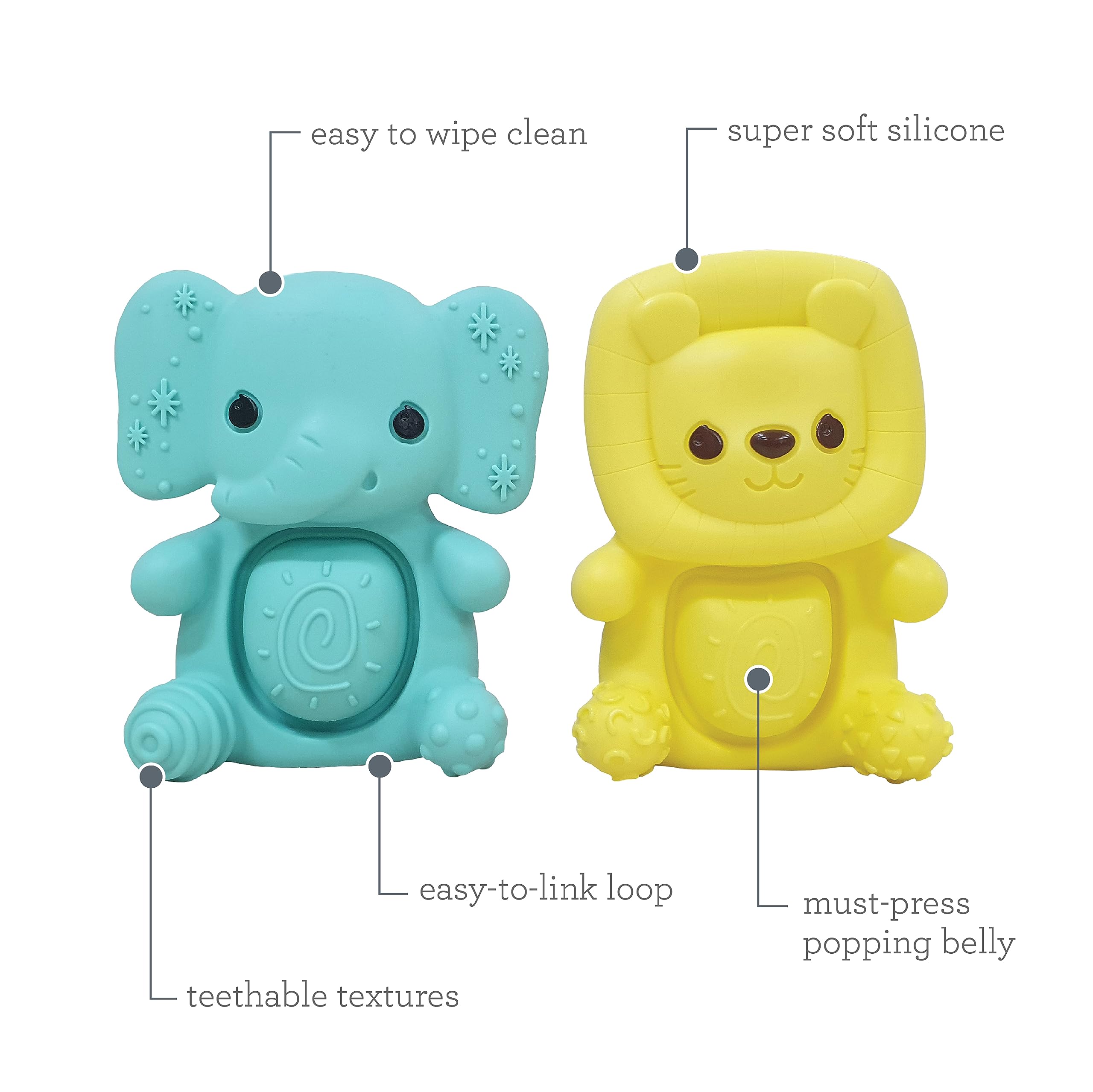 Infantino Teethimal Pop Pals - Elephant & Lion Sensory Popper Toy with Soothing Teething Textures for Infants & Toddlers, 6M+