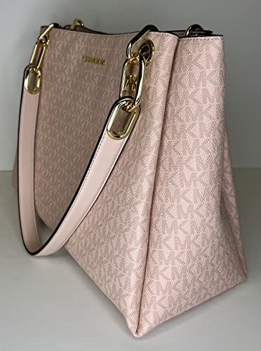 MICHAEL Michael Kors Trisha Large Triple Gusset Shoulder Tote bundled with Large Trifold Wallet and Michael Kors Purse Hook (Signature MK DK Powder Blush)