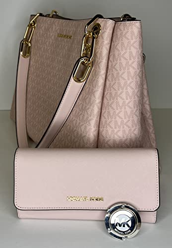 MICHAEL Michael Kors Trisha Large Triple Gusset Shoulder Tote bundled with Large Trifold Wallet and Michael Kors Purse Hook (Signature MK DK Powder Blush)