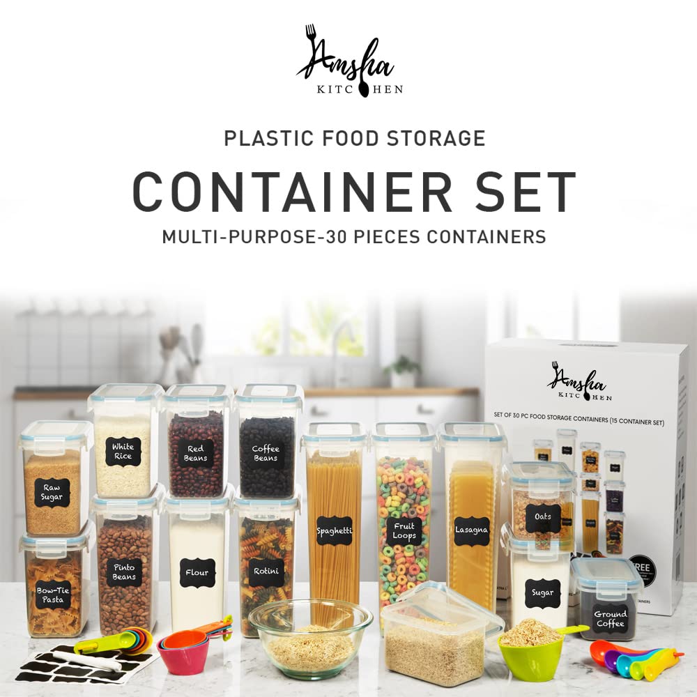 LARGE Airtight Food Storage Containers 30 PC with Lids I Plastic Kitchen & Pantry Organization Containers BPA Free Ideal for Spaghetti, Flour, Rice, Oats, Cereal & Sugar + Marker & Labels