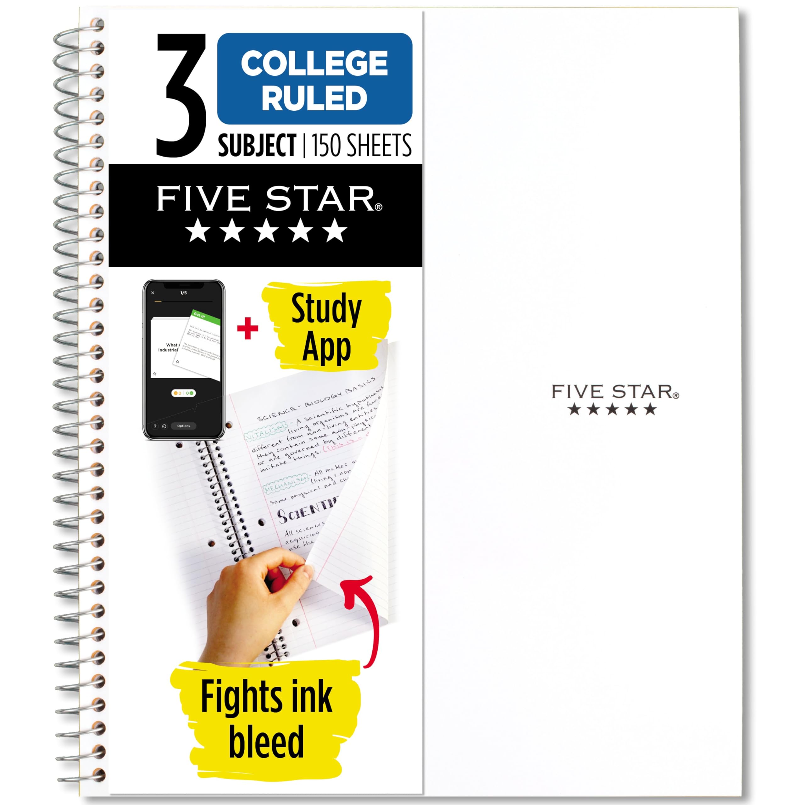 Five Star Spiral Notebook + Study App, 3 Subject, College Ruled Paper, 11" x 8-1/2", 150 Sheets, White, 1 Count (72464)