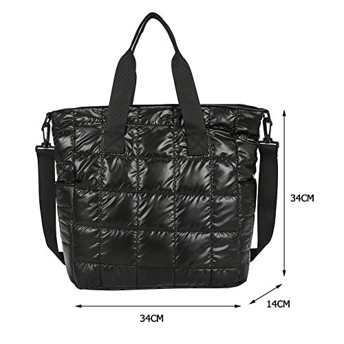 Large Quilted Tote Bag with Zip for Women Lightweight Winter Down Cotton Padded Plaid Shoulder Bags Quilted Bags Down Padding Handbags