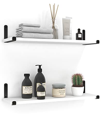 Godimerhea White Floating Shelves for Wall, Long Wall Mounted Set of 2, Modern Neutral Wooden Storage Decorative Hanging Shelf with Black Metal Brackets for Bathroom Living Room, Kitchen, 24 Inch