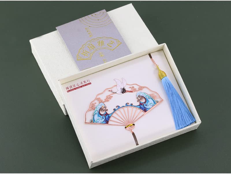 Bookmark Retro Folding Fan Bookmarks Metal White Crane Flying Over The Waves Tassel Bookmark Stationery Book Clip Book Marks Accessories