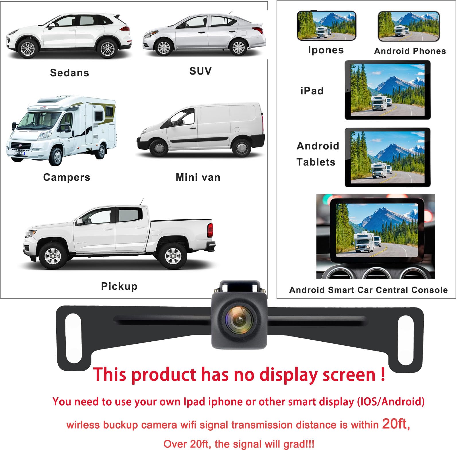 YEOIZO License Plate Wireless Backup Camera, 720P HD Back up Cameras for car, Front/Rear View Reverse Cam, 160° View Angle for iPhone iPad Android Smart Phones Tablets, Support Double Band WiFi