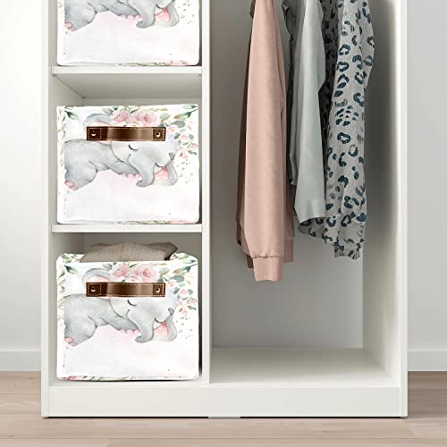 Personalized Pink Flower Elephant Storage Basket Bin with Name Large Storage Cube Box with Handles for Home Office Bedroom Closet Shelves(1 Pack)