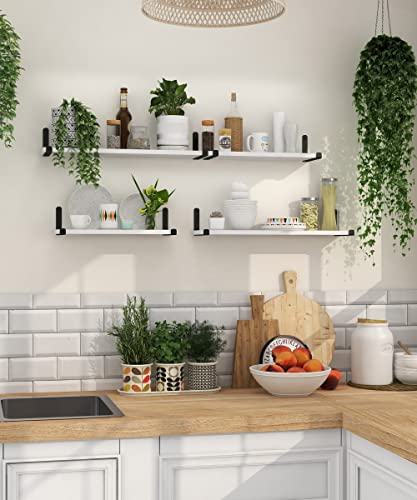 Godimerhea White Floating Shelves for Wall, Long Wall Mounted Set of 2, Modern Neutral Wooden Storage Decorative Hanging Shelf with Black Metal Brackets for Bathroom Living Room, Kitchen, 24 Inch