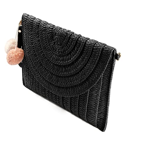 Reavor Straw Clutch Purse, Straw Handbags For Summer 2022, Beach Bags For Women, Black