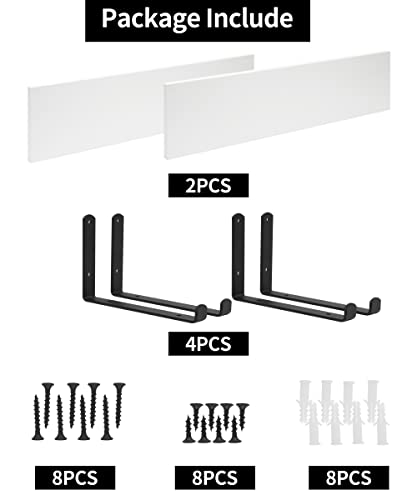 Godimerhea White Floating Shelves for Wall, Long Wall Mounted Set of 2, Modern Neutral Wooden Storage Decorative Hanging Shelf with Black Metal Brackets for Bathroom Living Room, Kitchen, 24 Inch