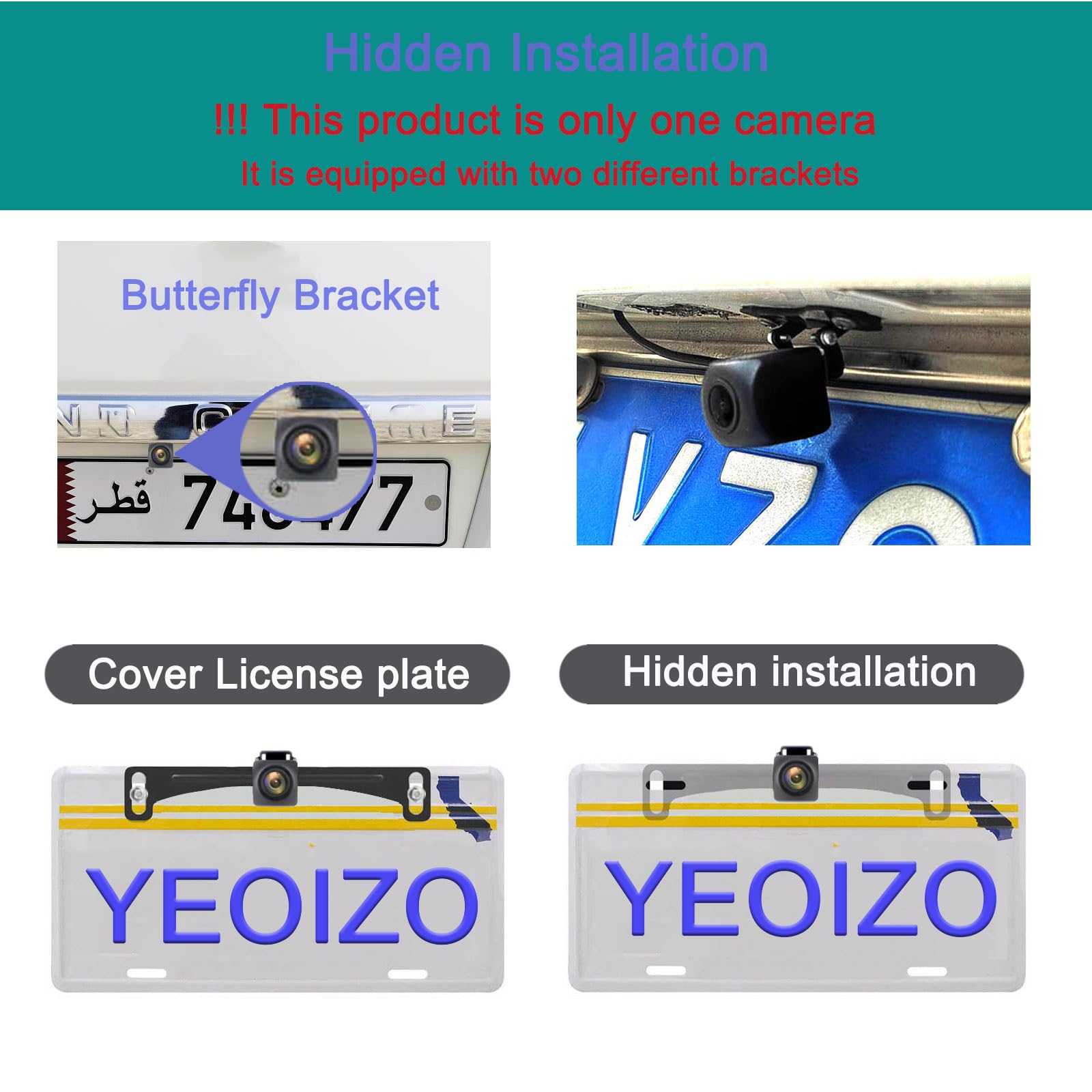 YEOIZO License Plate Wireless Backup Camera, 720P HD Back up Cameras for car, Front/Rear View Reverse Cam, 160° View Angle for iPhone iPad Android Smart Phones Tablets, Support Double Band WiFi