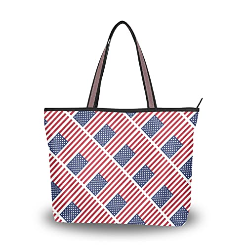 American Flag Tote Bag Aesthetic, Large Capacity Zipper Women Grocery Bags Purse for Daily Life 2 Sizes