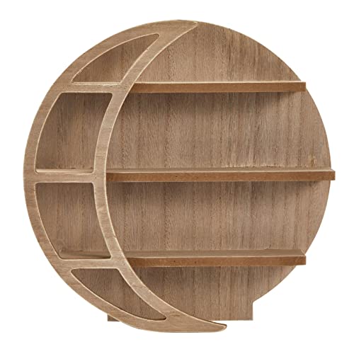 Farmlyn Creek Brown Wooden Moon Shelf, Rustic Wall Home Decor, Crystal Holder for Stones Display and Essential Oils (12 x 12 x 3 in)