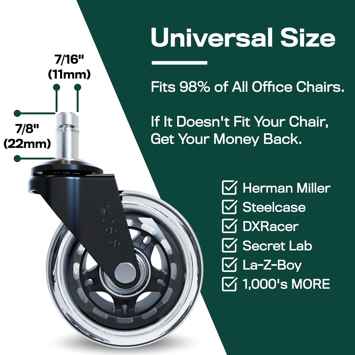 Office Chair Wheels Replacement Safe for Wood Floors and Carpet, Heavy Duty Rubber Desk Chair Casters for Gaming Chairs and Rolling Computer Chairs, Rollerblade Style, Set of 5, Universal Fit