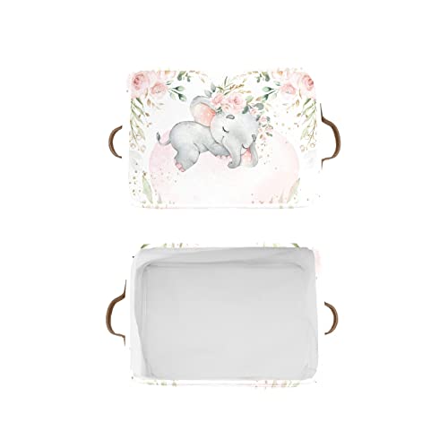 Personalized Pink Flower Elephant Storage Basket Bin with Name Large Storage Cube Box with Handles for Home Office Bedroom Closet Shelves(1 Pack)