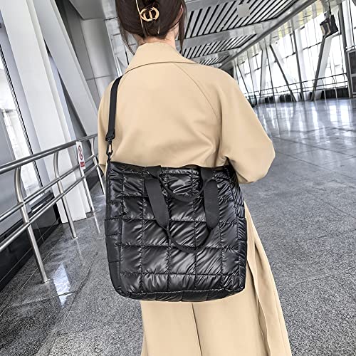 Large Quilted Tote Bag with Zip for Women Lightweight Winter Down Cotton Padded Plaid Shoulder Bags Quilted Bags Down Padding Handbags