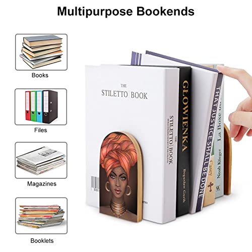 Hon-Lally American African Girl Pattern Wood Bookends Decorative Bookend Non-Skid Office Book Stand for Books Office Files Magazine