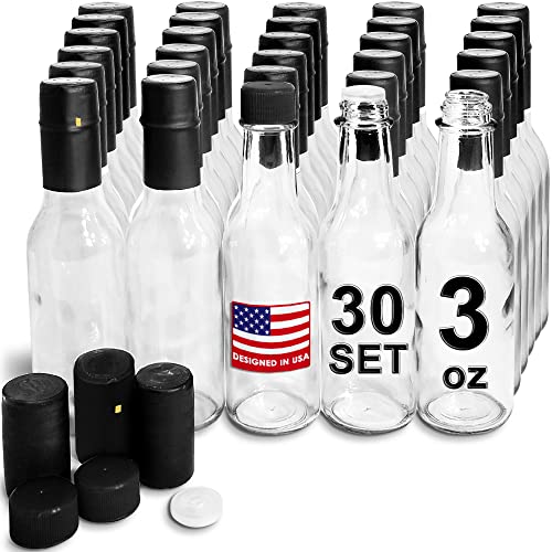 Glass Bottle, Hot Sauce Bottles Woozy bottles Empty 3 Oz 30 sets with Shrink Capsules Dripper Inserts Screw Caps, mini liquor bottles Small glass bottles sauce bottle mini wine bottles with lids Black