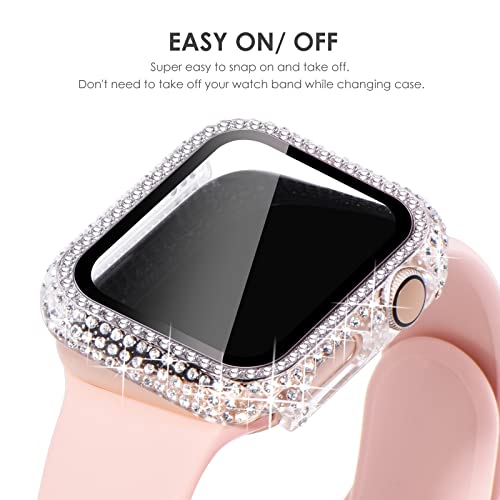 NewWays 2-Pack Bling Cases with Screen Protector Compatible for Apple Watch 41mm, Fully Paved Diamonds Protective Case for iWatch Series 7/8 (41mm, Rose Gold+Clear)