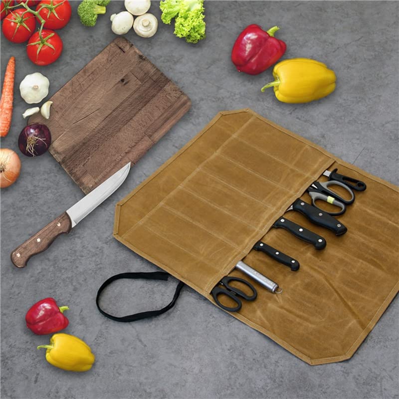 Oidnvay Knife Roll Case, Waxed Canvas Cutlery Knives Holders Protectors, Home Kitchen Cooking Tools and Utensils Wrap Bag - B