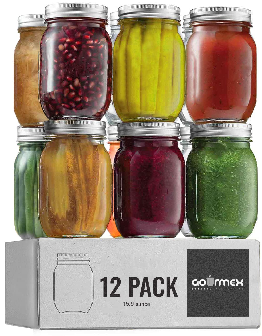 GOURMEX Glass Mason Jars With Lids | Sourdough Starter Jar, Vintage Kitchen Decorative Jars, Candle Jars | Glass Storage Jars Canning Supplies (16oz)