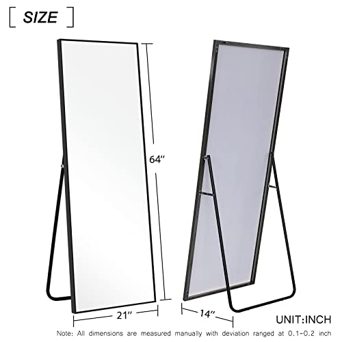 MIRUO Full Length Mirror, 64" x 21" Aluminum Alloy Frame Floor Mirror with Stand, Large Bedroom Mirror, Free Standing or Wall Mounted or Leaning Against Wall, Black