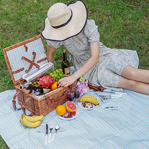 Wicker Picnic Basket Set for 4 Persons with Large Insulated Cooler Compartment, Adjustable Shoulder Strap, Willow Hamper and Free Waterproof Blanket Set with Cutlery Service Kit