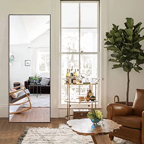 MIRUO Full Length Mirror, 64" x 21" Aluminum Alloy Frame Floor Mirror with Stand, Large Bedroom Mirror, Free Standing or Wall Mounted or Leaning Against Wall, Black