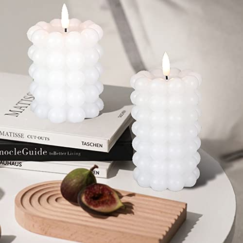 GenSwin Flameless Bubble Candles Flickering with Remote Timer,Battery Operated LED Real Wax Candles Aesthetic Home Room Decor (Set of 3,White,3”x 4.5”5.5”6.3”)