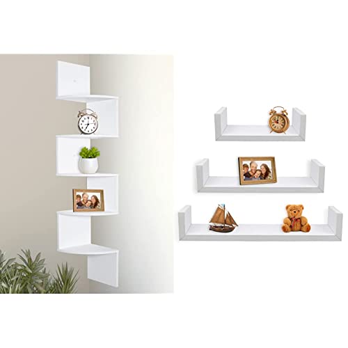 Greenco Corner Shelf, 5 Tier Floating Shelves & Set of 3 Floating “U” Shelves, Easy-to-Assemble Floating Wall Mount Shelves for Bedrooms and Living Rooms, White Finish